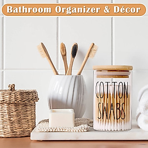 4 Pack Qtip Holder with Lid Set, 10oz Clear Glass Canister Apothecary Jars Bathroom Organizers and Storage Accessories Vanity Essential Containers for Cotton Swab, Cotton Ball, Cotton Pads, Floss Pick