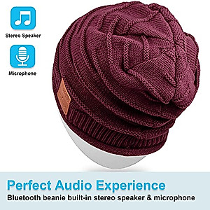 Mydeal Wireless Bluetooth Beanie Hat Headphones Headsets Music Audio Cap with Speakers Mic Hands Free for Women Men Outdoor Sports,Compatible with iPhone 7/7 Plus,Samsung - Burgundy