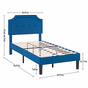 VECELO Twin Upholstered Platform Bed Frame with Adjustable Button Stitched Panel Headboard,Strong Wood Slat Support,Velcro Design,Mattress Foundation/Easy Assembly,Blue