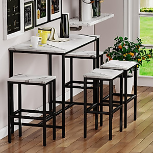 Yongchuang 5 Piece Bar Table Set, Kitchen Bar Table and Chairs Set of 4, Modern Metal Counter Height Table with Stools for Dining Room, Living Room Breakfast Table White Faux Marble Wood Top