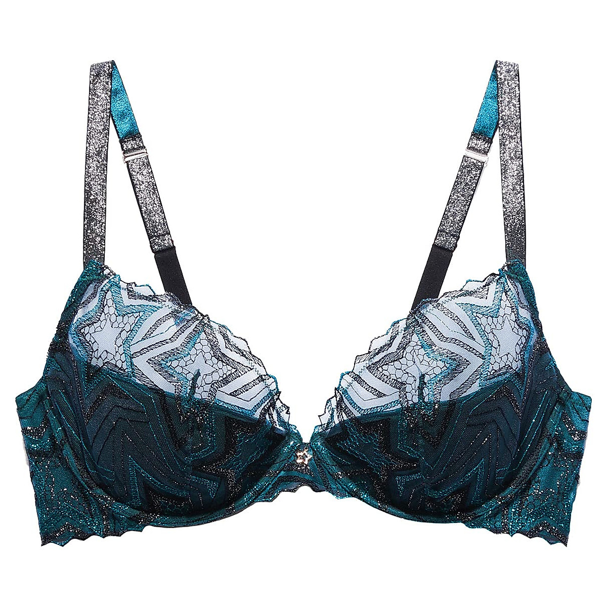 Savage X Fenty, Women's, Shining Star Embroidered Half Cup Plunge Bra, Wildflower Blue Starstruck Embroidery, 38B