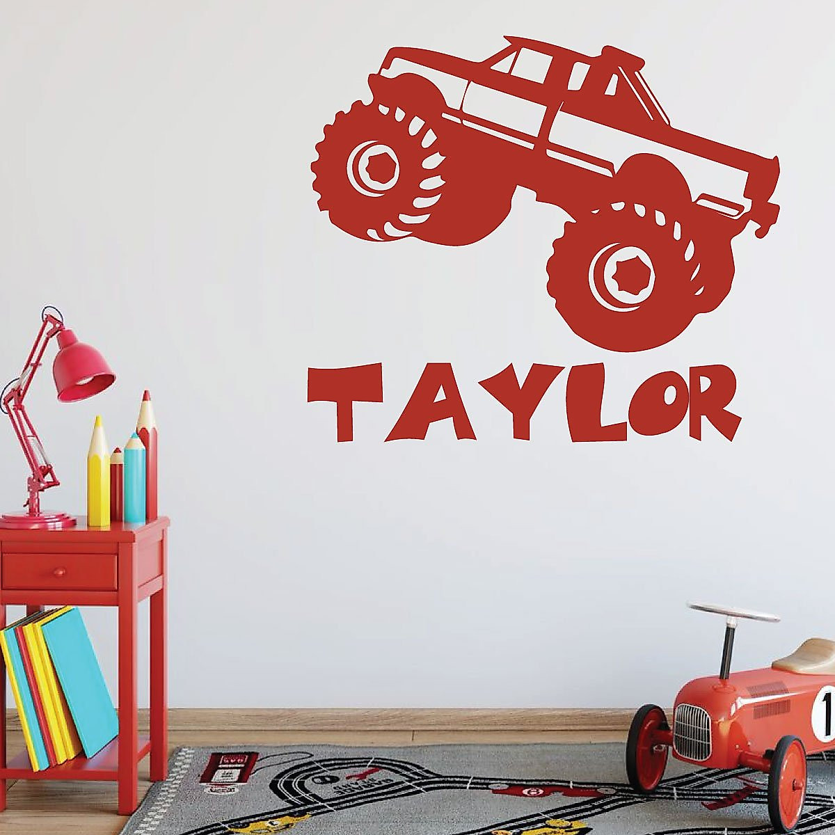 Room Wall Decor - Monster Truck with Customized Name Vinyl Decal Stickers for Home in Teen, Kids, Baby Boys Bedroom, Bathroom, Nursery or Man Cave - Custom Sizes and Colors Fit Any Themed Living Space