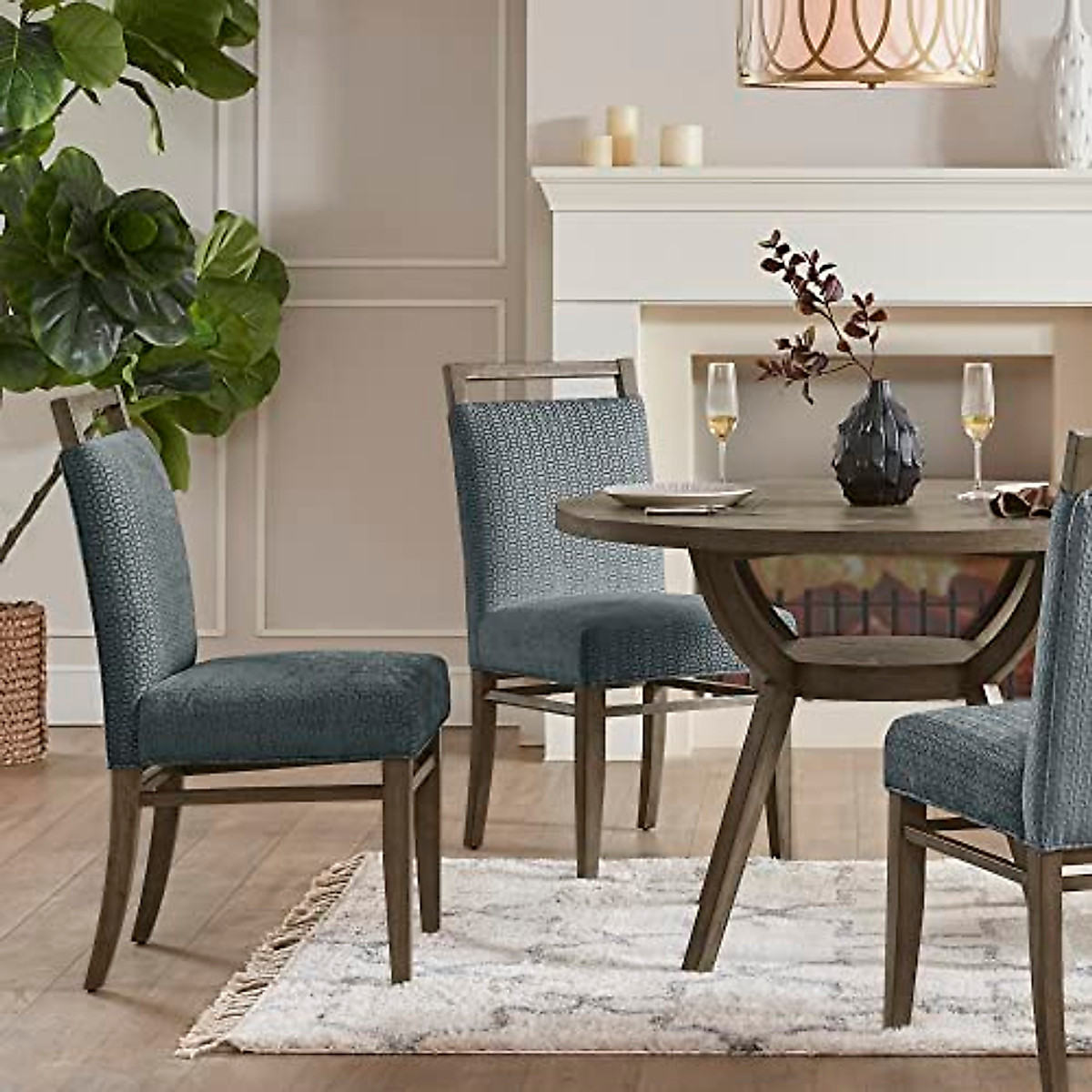 Madison Park Elmwood Dining Chair Set of 2-Cut Velvet Upholstered Backrest, Foam Seat Cushion Modern Kitchen Furniture, Reclaimed Grey Finished Solid Wood Legs, 38.5" H, Blue