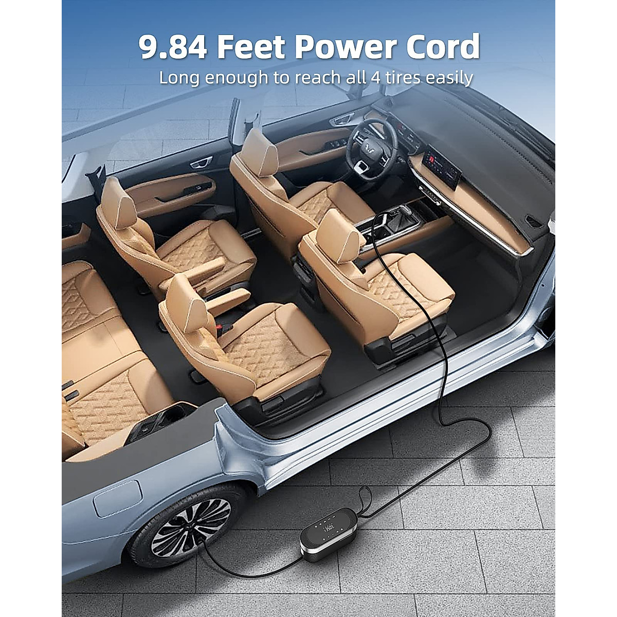 ShockFlo Tire Inflator Portable Air Compressor 12v DC Ultra Fast Air Pump for Car Tires- 150PSI Car Tire Air Pump Digital Pressure & Pre-set Gauge with Emergency LED Light