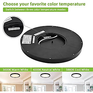 hykolity 2 Pack 12 Inch Selectable CCT LED Round Flat Panel Light, 24W, 3000K/4000K/5000K, Edge-Lit Flush Mount Ceiling Light Fixture for Kitchen, Bedroom and Closet Room, Black