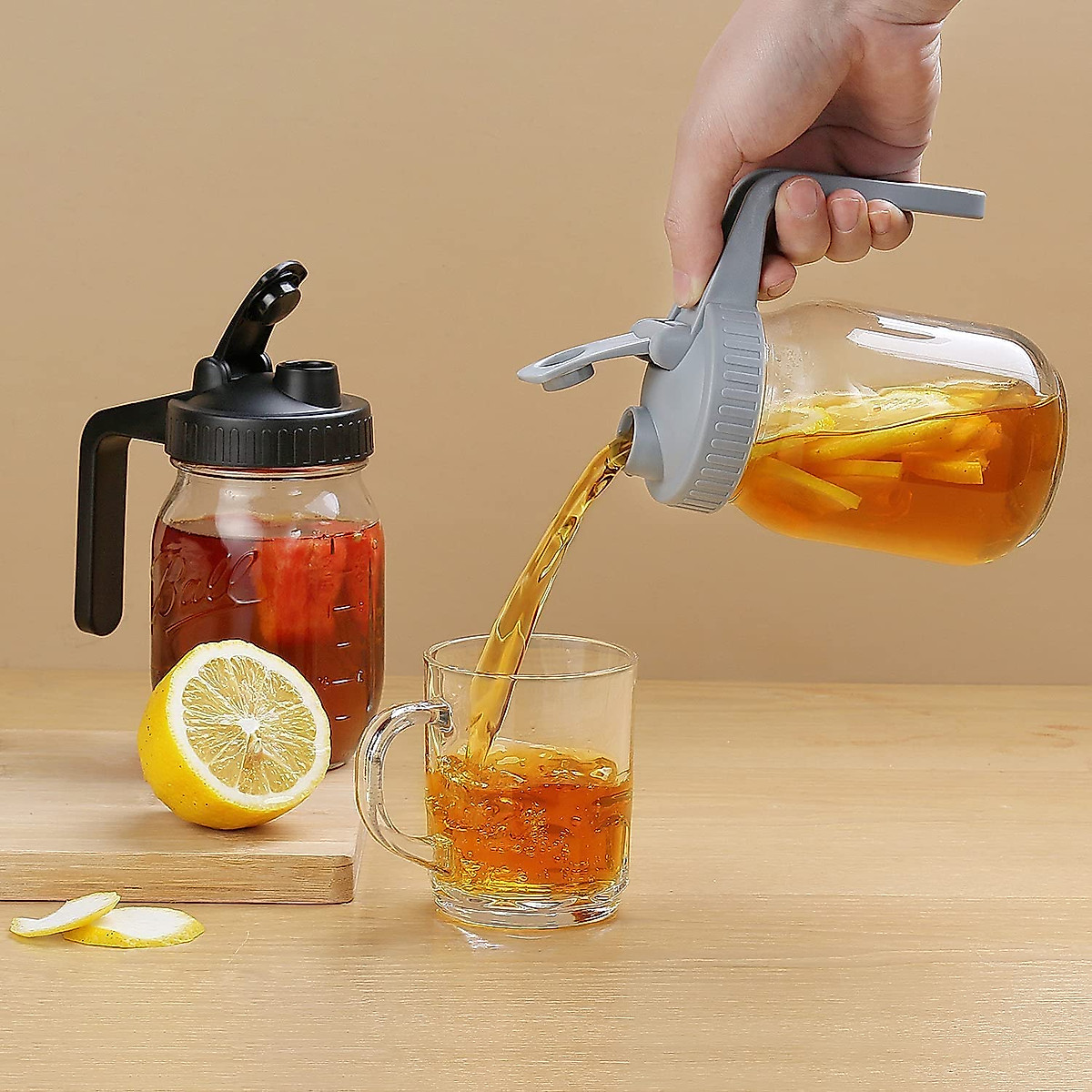 4Pack Regular Mouth Mason Jar Lids for Ball Mason Jars, 2pcs Mason Jar Pour Spout Lids with Handle, 2pcs Innovative Flip Cap Lids, for Pouring, Drinking and Airtight Storage (Jars not included)