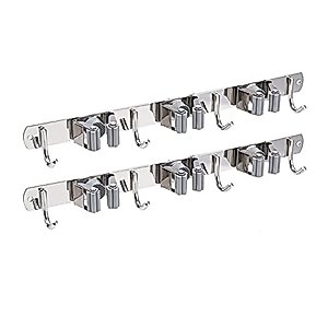 GDTOOLMMY Broom Holder Wall Mount, Stainless Steel Mop Holder Self Adhesive Durable Heavy Duty Broom Hanger Storage Rack for Home, Kitchen, Garden and Garage 5 Rack 4 Hooks(2pack)