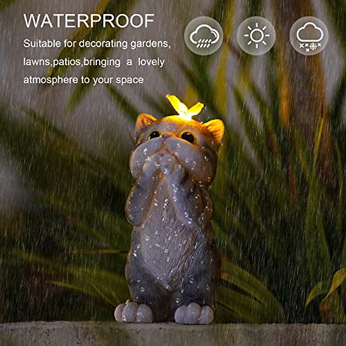 Pohabery Garden Outdoor Decor Cat Statue with Solar Butterfly Light Cat Garden Decor Solar Cat Yard Decor for Patio, Balcony, Yard, Lawn Ornament