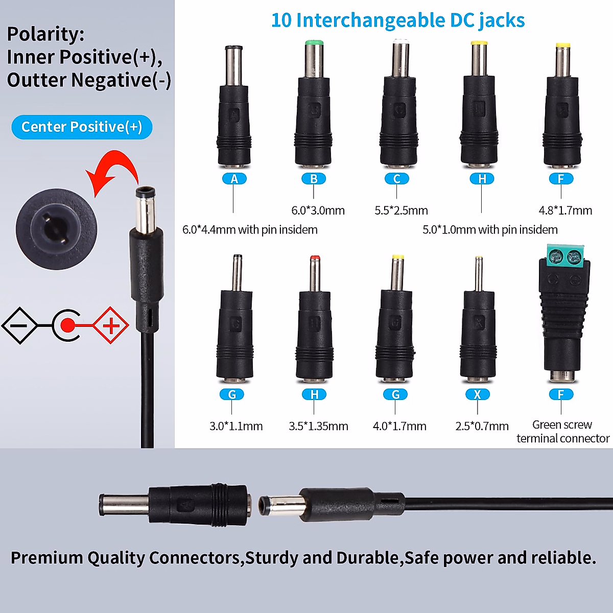 12V 2A Power Adapter Charger AC 12V Regulated Power Supply DC in 12 Volts 2000mA Power Cord with 10 Interchangeable DC Plug for 1A 1.1A 1.2A 1.3A 1.4A 1.5A 1.6A 1.7A 1.8A 1.9A 2A Electronics