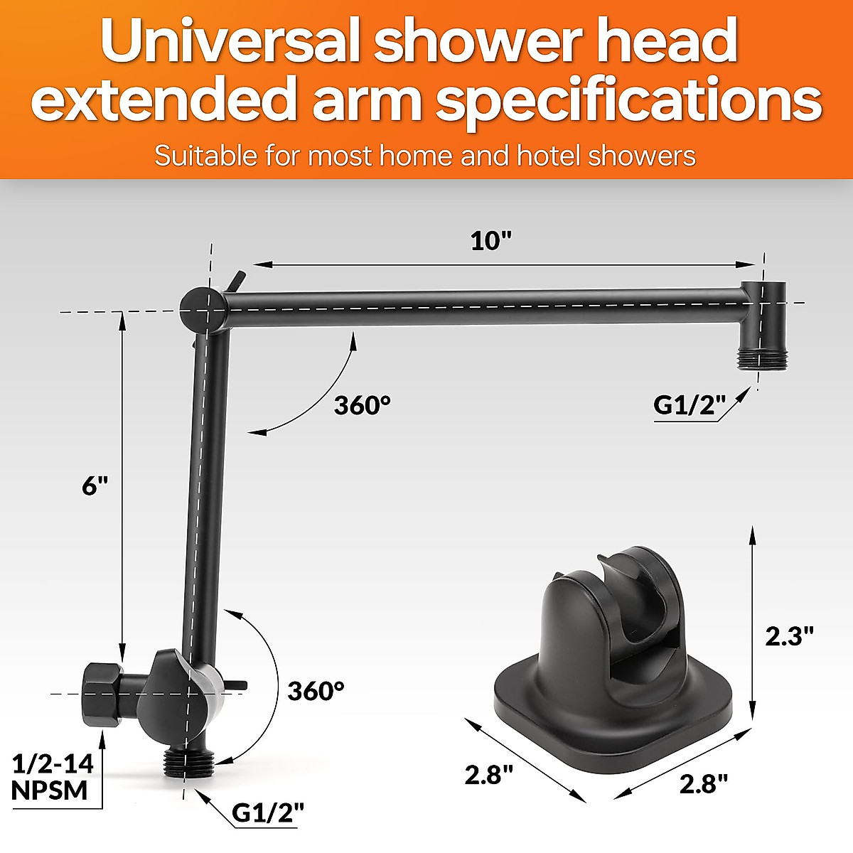 Matework 16 Inch Adjustable Shower Extension Arm with Diverter, G1/2 Universal Thread Rain Shower Head Extension Arm, Shower Extender with Lock Joints, Matte Black Flexible Height & Angle
