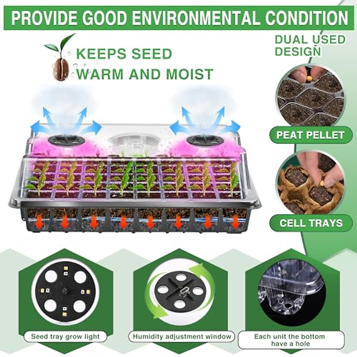 YAUNGEL Seed Starter Tray with Grow Light, Seed Starter Kit with Timing Controller Adjustable Brightness, 80 Cells Seed Trays for Indoor Planting with Humidity Domes Heightened Lids 2 Pack, Black