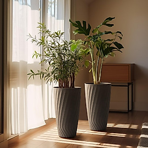 LA JOLIE MUSE 24 Inch Tall Planters, Set of 2 Grey Tree Planters with Shelf Insert, Morden Large Round Plant Pots Containers for Indoor/Outdoor, Front Door, Patio and Deck