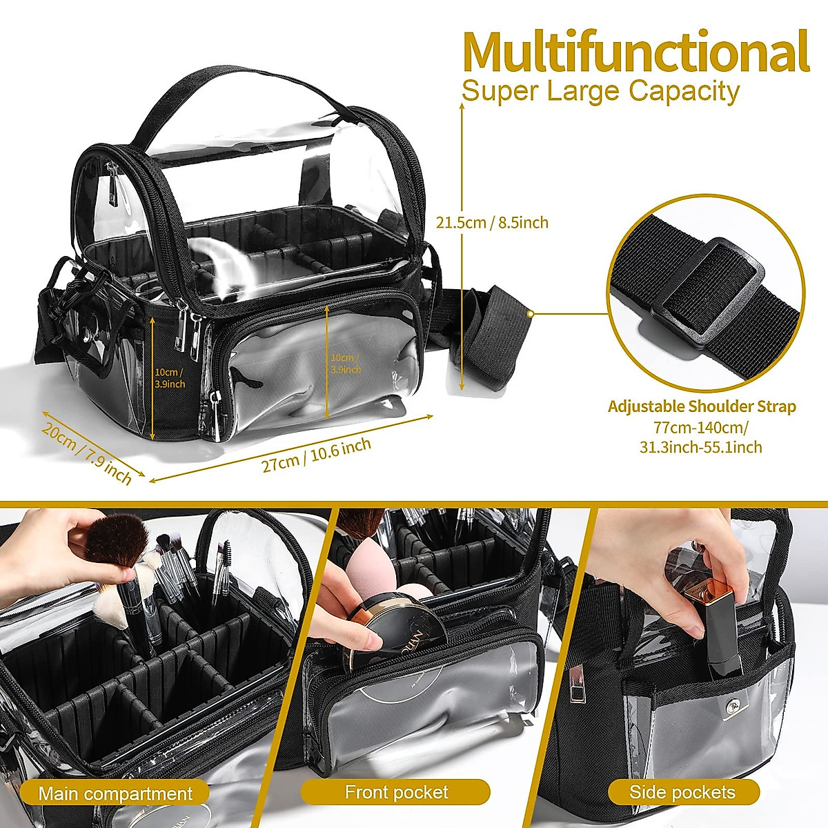 BS-MALL Makeup Bag, Transparent PVC Clear Travel Makeup Brush Holder, Tool Organizer Case with Shoulder Strap (Black)