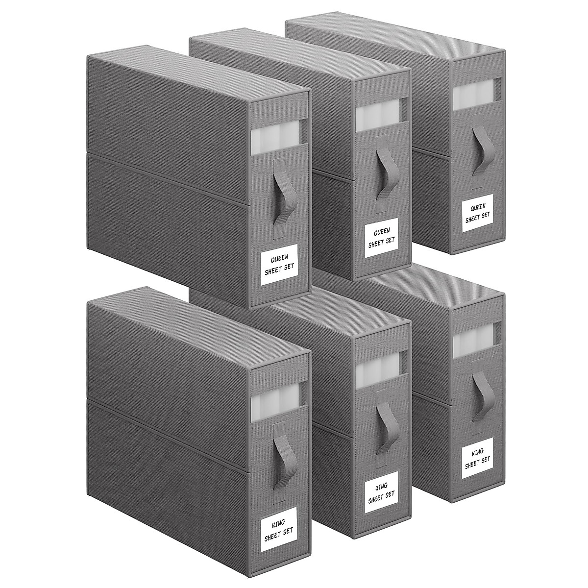 PARANTA Bed Sheet Organizers and Storage 6 Pack,Foldable Linen Closet Organizer,Twin Full Bed Sheet Organizers with Label Handle Window,Sheets Set Keeper for Blanket Duvet Cover Queen or King Grey