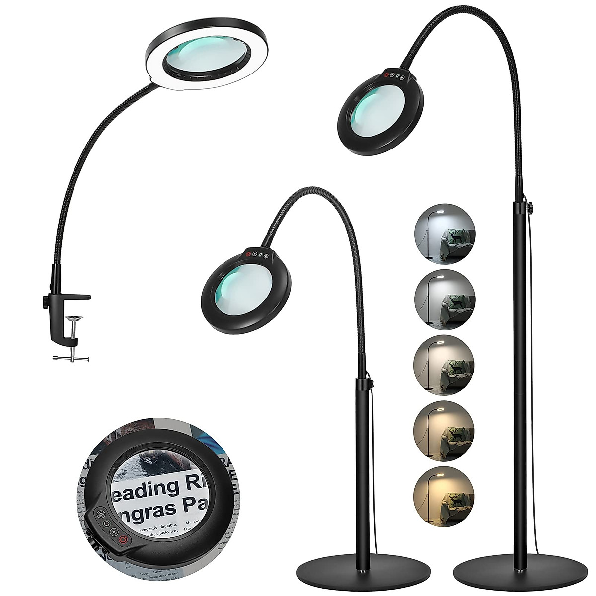 Veemagni 5X Stand Magnifying Glass with Light, 24" Flexible Gooseneck 5 Color Modes Stepless Dimmable Magnifying Floor Lamp, 3-in-1 Adjustable Lighted Magnifier Hands Free for Close Work, Esthetican