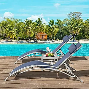 Domi Outdoor Chaise Lounge Set of 3,Patio Lounge Chair with Side Table, Adjustable Garden Aluminum Reclining Chair for Pool Beach Sunbathing Chair (Blue)