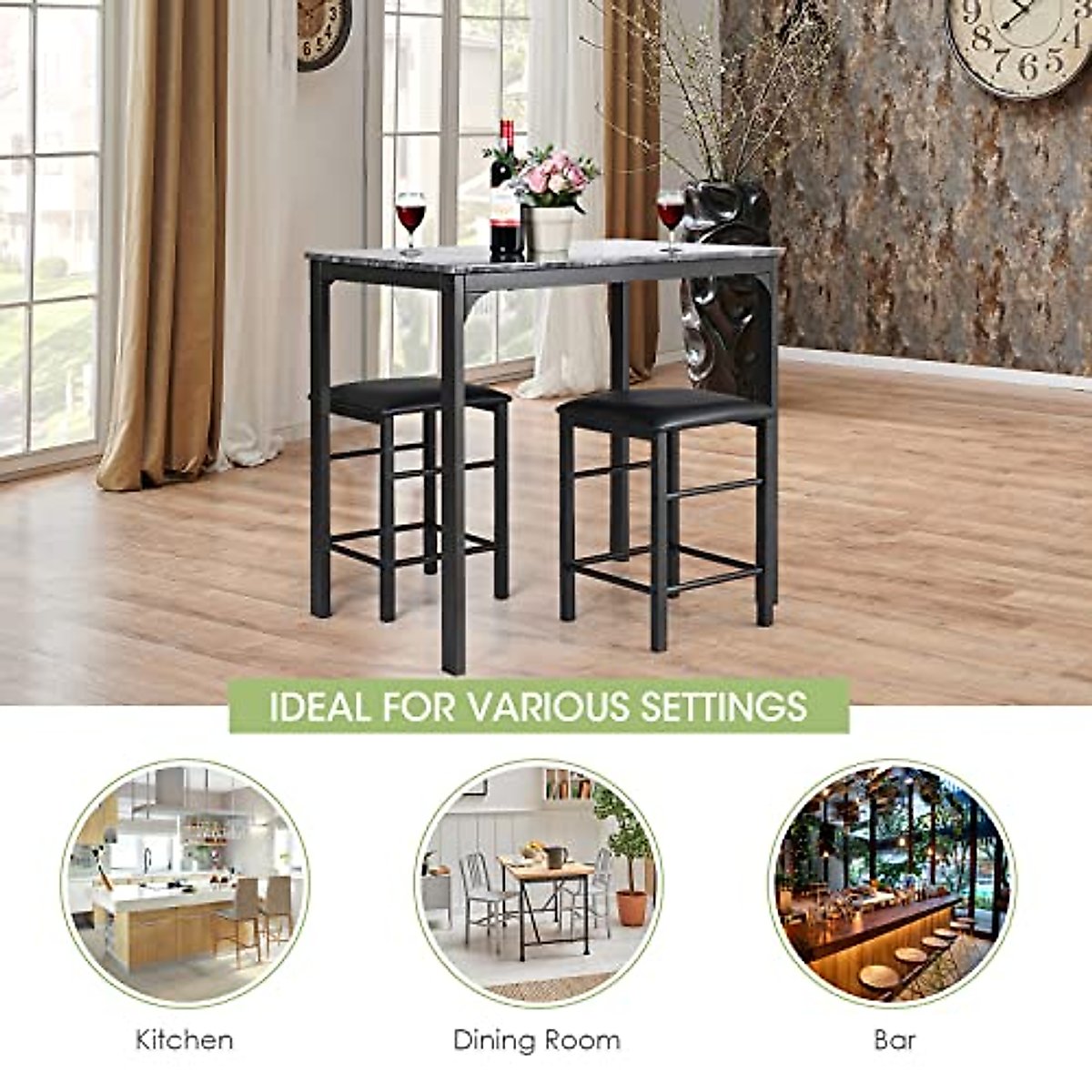 COSTWAY 3 Pieces Dining Table Set, 2 Person Kitchen Breakfast Table and Chair Set Pub Table and Chairs Set, Counter Height Dining Table Set with 2 Bar Stools (Black)