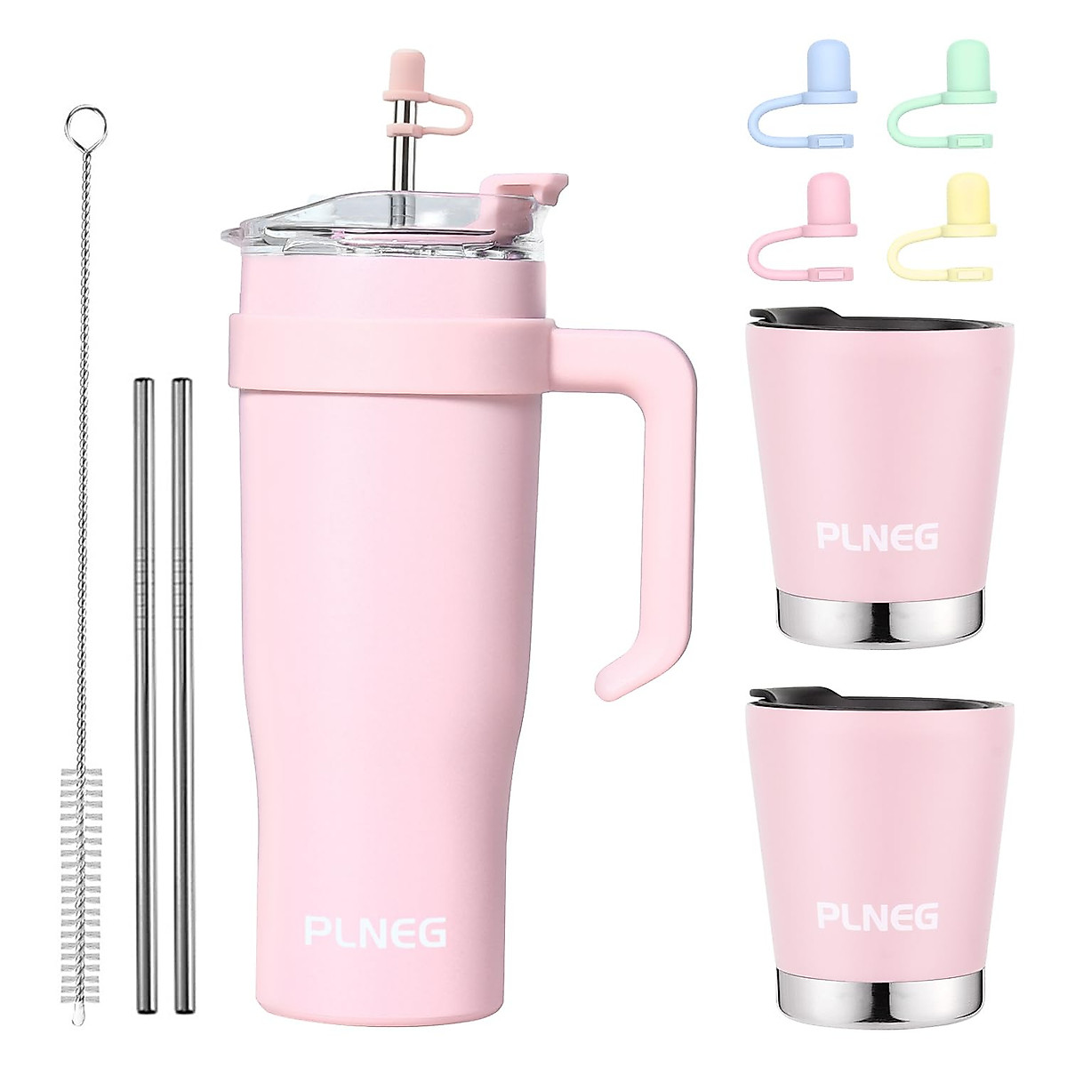 PLNEG Tumbler with Handle 40oz Insulated Water Bottle with Straw Lid Stainless Steel Travel Coffee Mug for Men Women gifts.（Pink,Set）