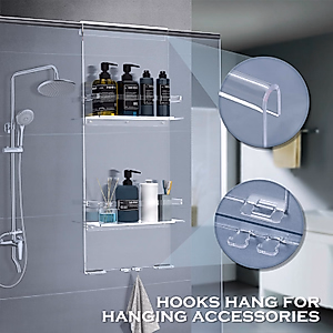 Nynelly Over The Door Shower Caddy, Acrylic Shower Caddy Shelf with Hooks, No Drilling Hanging Shower Organizer for Bathroom Storage, Body Wash Shampoo Holder