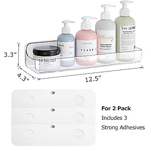 UDD Acrylic Shower Caddy Adhesive Shelf, 2pc Plastic Shower Organizer with Self Adhesive Tape, No Drilling Clear Wall Mount Shower Shelves for Bathroom Kitchen, Clear