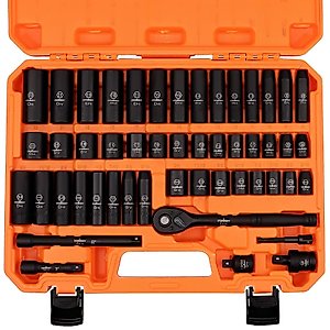 HORUSDY 3/8" Drive Impact Socket Set, 50-Piece Standard SAE (5/16 to 3/4 inch) and Metric (8-22mm) Size, 6 Point, Cr-V, 3/8-Inch Drive Ratchet Handle, Drive Extension Bar, Impact Universal Joint