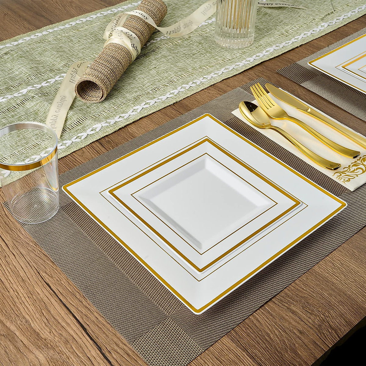 175 Piece Gold Dinnerware Set 25 Guest-50 Square Plastic Plates-25 Gold Plastic Silverware-25 Gold Plastic Cups-25 Gold Paper Napkins, FOCUSLINE Disposable Dinnerware Set