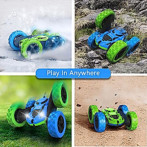 Hamdol Remote Control Car for 6-12 Year Old Double Sided 360°Rotating 4WD RC Cars with Headlights 2.4GHz Electric Rechargeable Race Stunt Toy Car for Boys Girls Birthday (Blue&Green)