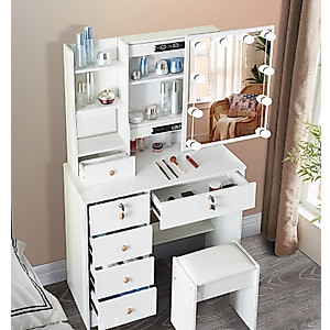 Makeup Vanity Dressing Table with Drawers and Lighted Mirror, White Vanity Set Dresser Desk and Cushioned Stool (US1905)