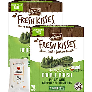 Aurora Pet Bundle (2) Merrick Fresh Kisses Double-Brush Coconut + Botanical Oils Infused X-Small Dental Dog Treats with AuroraPet Wipes