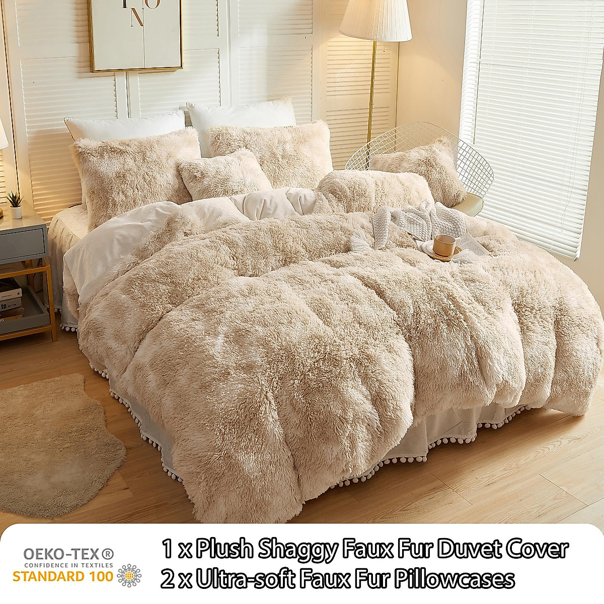 LIFEREVO Luxury Fluffy Faux Fur Duvet Cover Set, Tie Dye Plush Fuzzy Duvet Cover Set(1 Print Shaggy Comforter Cover+2 Furry Pillow Shams)Bedding Set, Zipper Closure(Full/Queen, Off White/Light Beige)