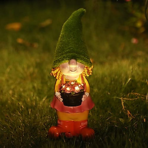 Flocked Lady Garden Gnomes, Solar Gnome Decoration Garden Statue for Yard, Patio, Lawn, Porch, Garden Decor for Outside Women Men Gifts