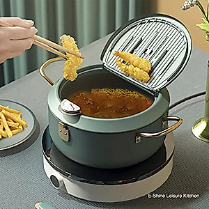 E-Shine Leisure Deep Fryer Pot, Japanese Style Tempura Deep Fryer with Fahrenheit Thermometer, Small and Easy Clean, Vintage Green, DIAM. 8”
