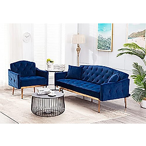SLEERWAY Velvet Futon Sofa Bed with Two Pillows, Modern Sleeper Sofa Couch with 3 Adjustable Angles, Convertible Loveseat for Living Room and Bedroom, Blue