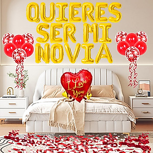 QUIERES SER MI NOVIA BALLOONS - 16" Inch Alphabet Letters Foil Mylar Balloon, Quieres Ser Mi Novia Balloons Spanish with 500 Pcs Artificial Rose for Valentines Anniversary Day Banner Decorations