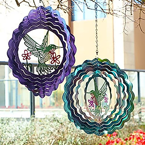 Glintoper 2 Pack Hummingbird Wind Spinners, 12 Inch Stainless Steel 3D Laser Cut Sun Catcher Metal Art, Indoor Outdoor Hanging Garden Decoration Colorful Crafts Ornaments Wind Spinner