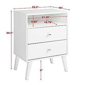 Prepac Milo Mid-Century Modern 2 Drawer Nightstand With Open Shelf, 16"D x 22.5"W x 29.5"H, White