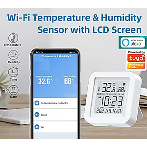 Smart WiFi Temperature Humidity Monitor: TUYA Wireless Temperature Humidity Sensor with APP Notification Alerts, WiFi Thermometer Hygrometer for Home Pet Garage,Compatible with Alexa