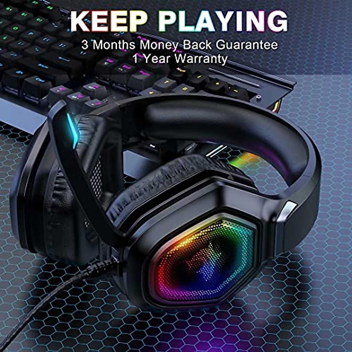 Wlevzzor Gaming Headset with Microphone PS5 Headset with Noise Canceling Mic RGB LED Light, Stereo Surround Sound Over Ear Gaming Headphone for PS5 PS4, Switch,Xbox One,Laptops,PC,Phones