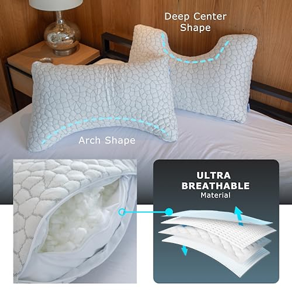 Pharmedoc Adjustable Shredded Memory Foam Curved Pillow - Side Sleeper - Deep Center - Neck Pillow for Pain Relief (Queen Bed Pillow 2 Pack)