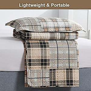CHESITY King Size Quilt Set - Plaid & Stripe Bedding Sets, 3-Piece Brown Bedspread Sets, Reversible Lightweight, Grid Coverlet, Patchwork Soft Quilt for Bed (96" x 108")