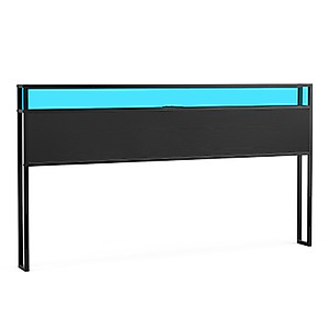 IKIFLY California King Size Storage Headboard with LED Lights & Charging Station - Industrial Metal and Wood Cal King Headboard Only for Bedroom, Attach Frame, Easy Assembly - Black