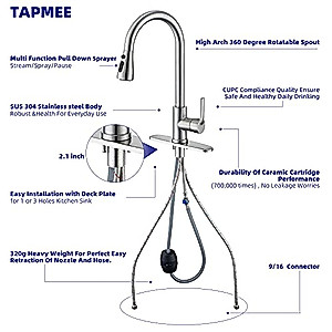 Pull Out Kitchen Faucets Single Handle High Arc,Single Level Stainless Steel Kitchen Sink Faucets with Pull Down Sprayer (Brushed Nickel)