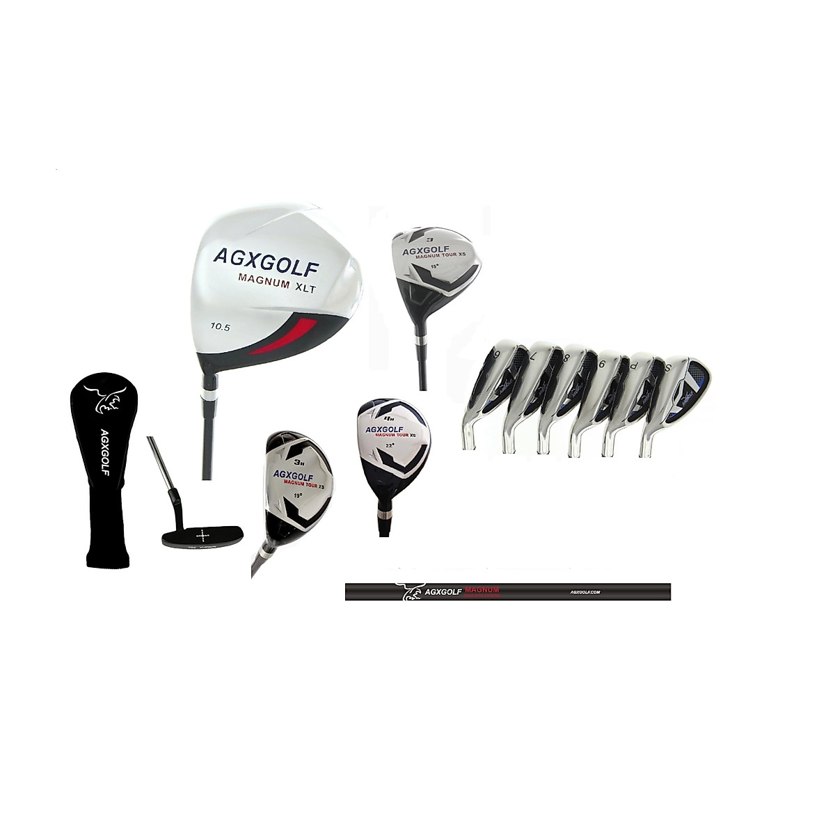 AGXGOLF Men's Left Hand XS Tour Magnum Complete Golf Club Set; w/OverSize Driver +3 Wood + 3&4 Hybrids + 5-SW Irons: Stiff Flex, Regular Length; Free Putter Built in The USA!