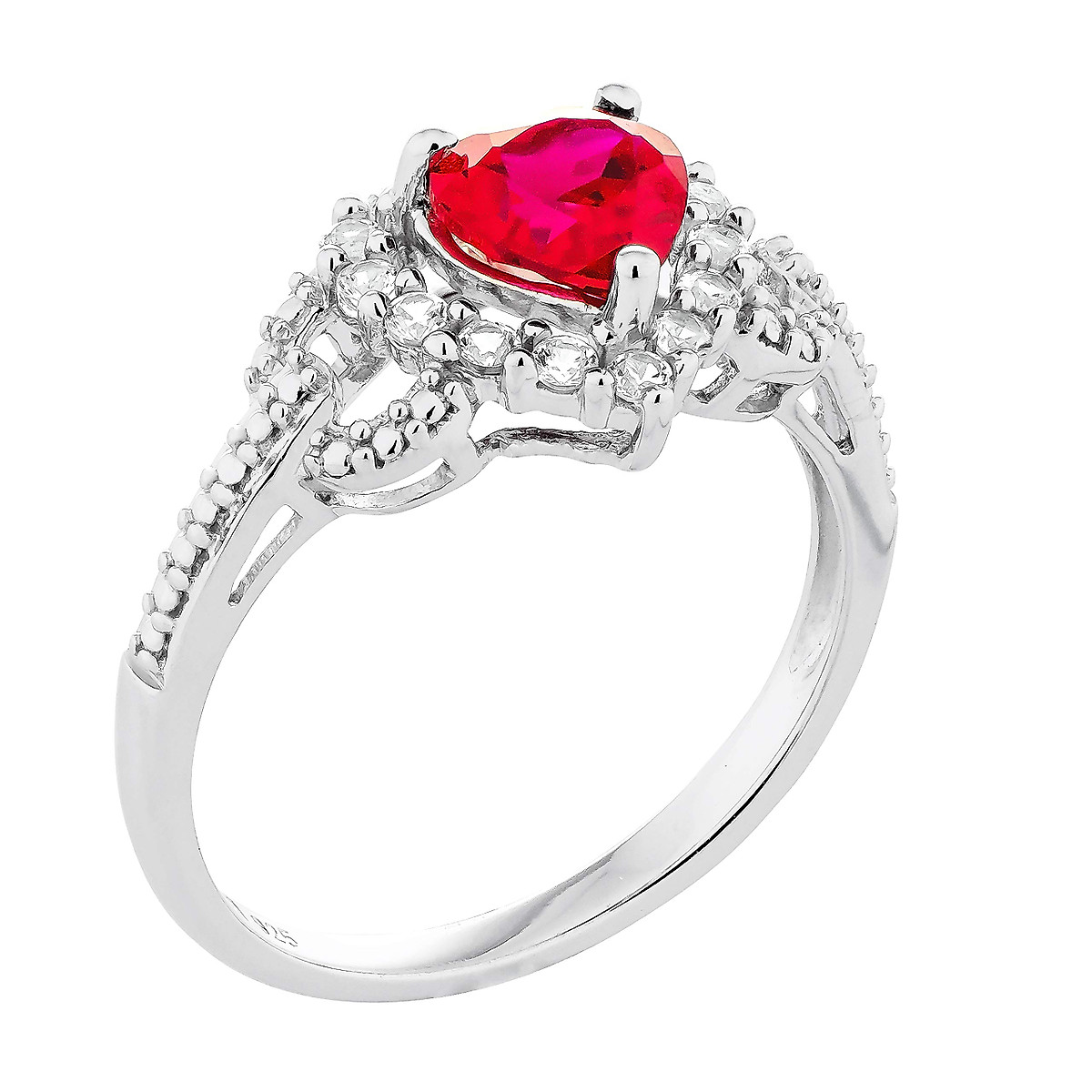 Lexi and Rose .925 Sterling Silver, Heart Cut Lab-Grown Ruby & Round Lab-Grown White Sapphire Halo Promise Ring - Size 8