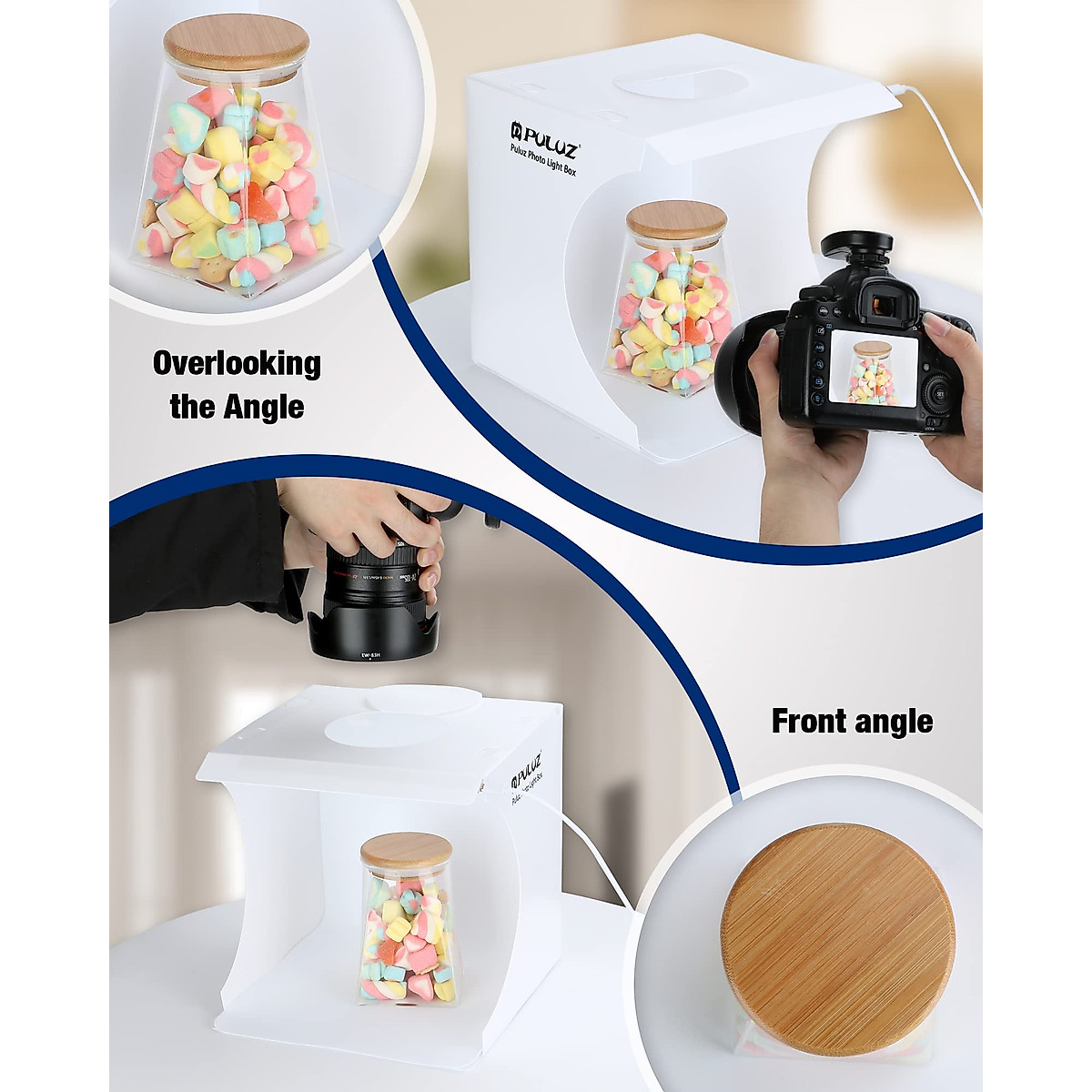 Mini Photo Studio Box, PULUZ 20cm Portable Photography Shooting Light Tent Kit, White Folding Lighting Softbox with 20 LED Lights + 6 Backdrops for Product Display