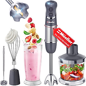 Mueller Smart Stick 800W, 12 Speed and Turbo Mode, 3-in-1, Heaviest Duty Copper Motor Immersion Blender, Titanium Steel Blades Hand Blender, Comfygrip Handle, Whisk, Beaker/Measuring Cup