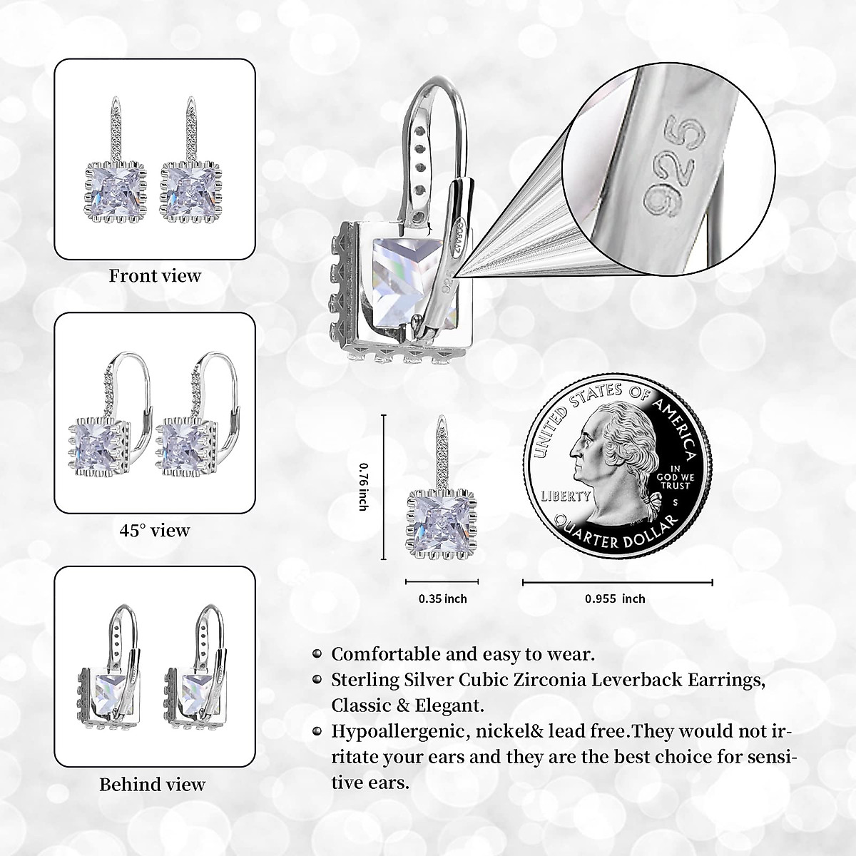 925 Sterling Silver 0.27Inch Princess Cut Cubic Zirconia Leverback Earrings for Women