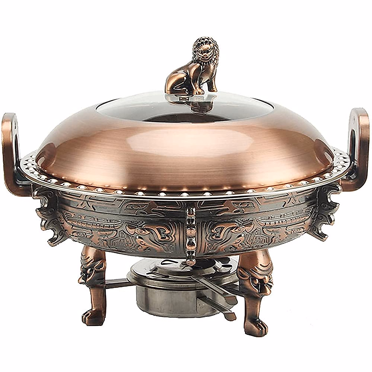 EdirFtra Round Copper hot Pot Set, Stainless Steel Buffet Set, Chinese Style hot Pot, with Food Plate, Aluminum Bracket, Cover and Fuel Bracket, 1L