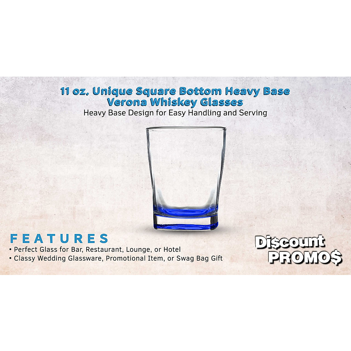 DISCOUNT PROMOS 10 Verona Whiskey Glasses Set, 11 oz. - Durable, Thick Base, Color Bottom, Barware - Blue