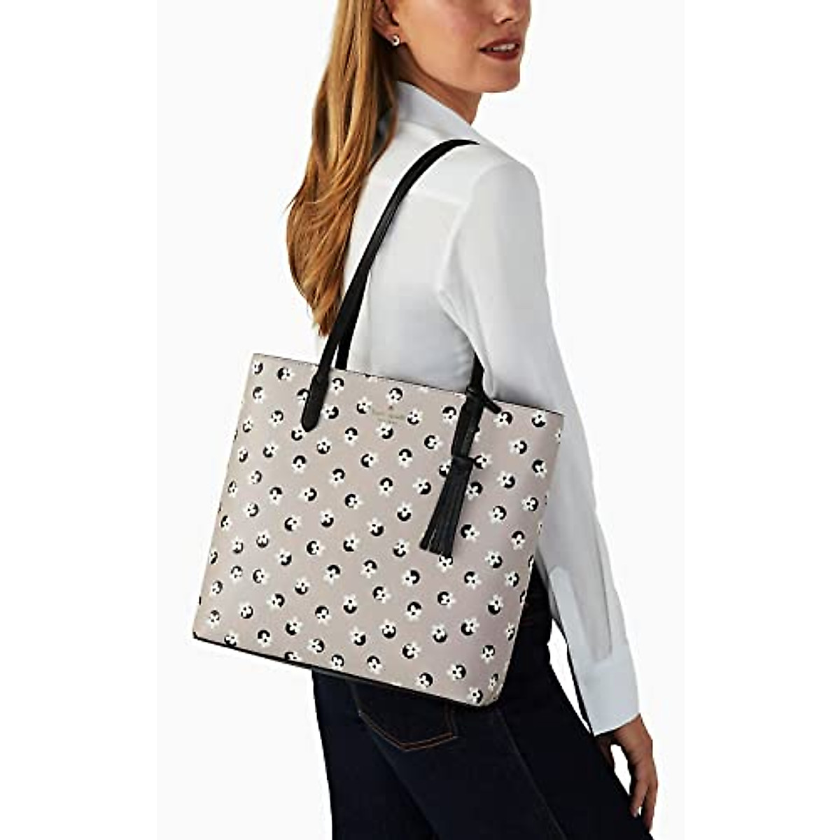 Kate Spade Tassle Charm White Floral Tote Bag Handbag & Wallet Set Neutral Multi
